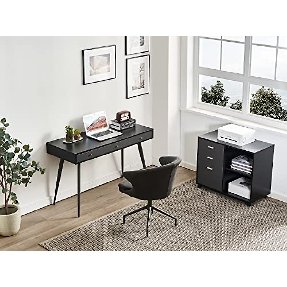 WILLIAMSPACE 3-Drawer Wood File Cabinet, Mobile Lateral Filing Cabinet on Wheels for Printer Stand with Open Storage Shelves for Home Office (Black Oak + Dark Grey)