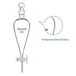StonyLab PTFE Stopcock Separatory Funnel 60ml, Borosilicate Glass Heavy Wall Conical Pear-Shaped Separatory Funnel Separation Funnel with 24/29 Joint
