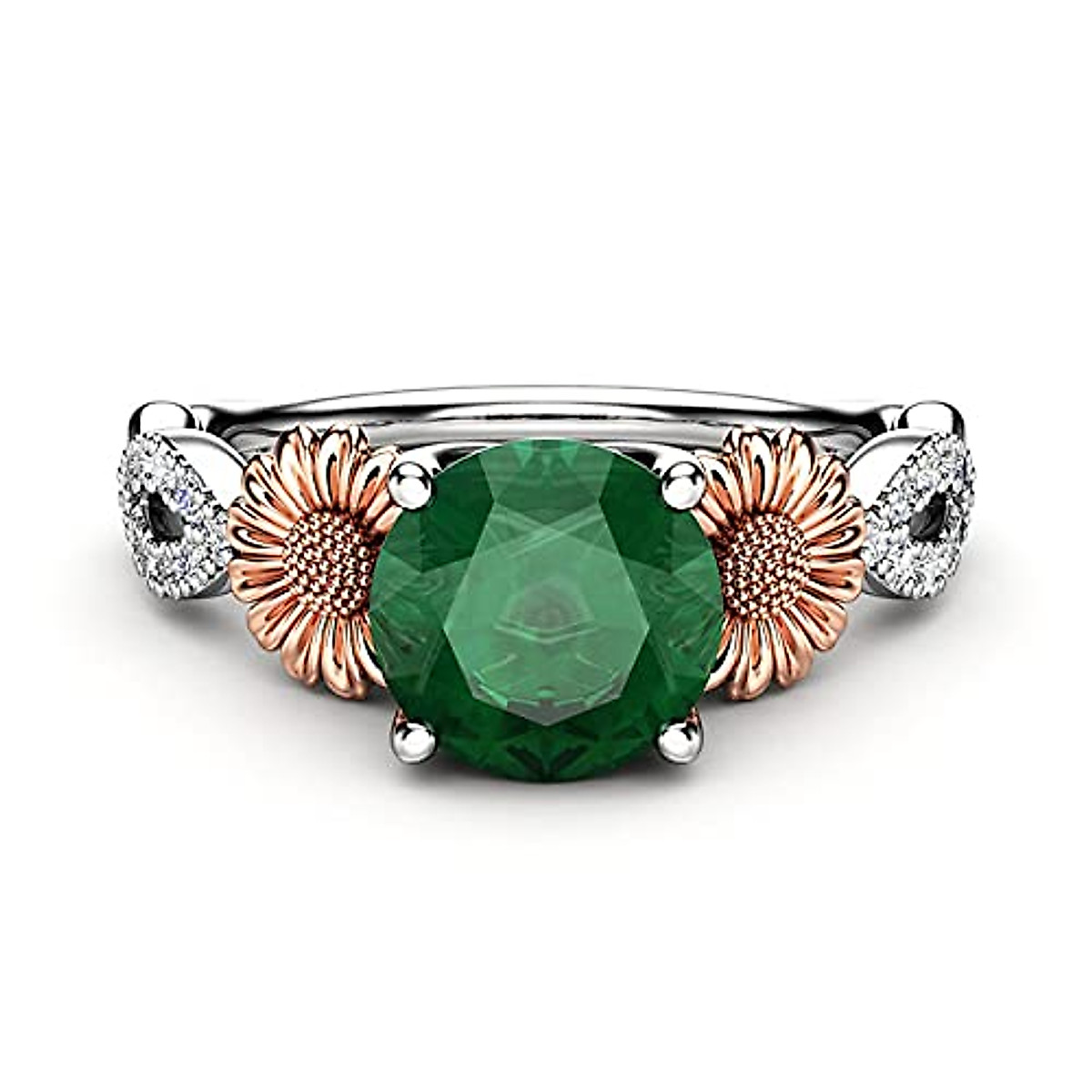 1 CT Round Shape Simulated Green Emerald & White Cubic Zirconia Sunflower Wedding Engagement Ring in 14K White Gold Plated 925 Sterling Silver (1 Cttw) Ring Size -9