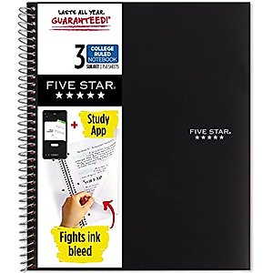 Five Star Spiral Notebook + Study App, 3 Subject, College Ruled Paper, 150 Sheets, 11" x 8-1/2, Black, 1 Count (72069)