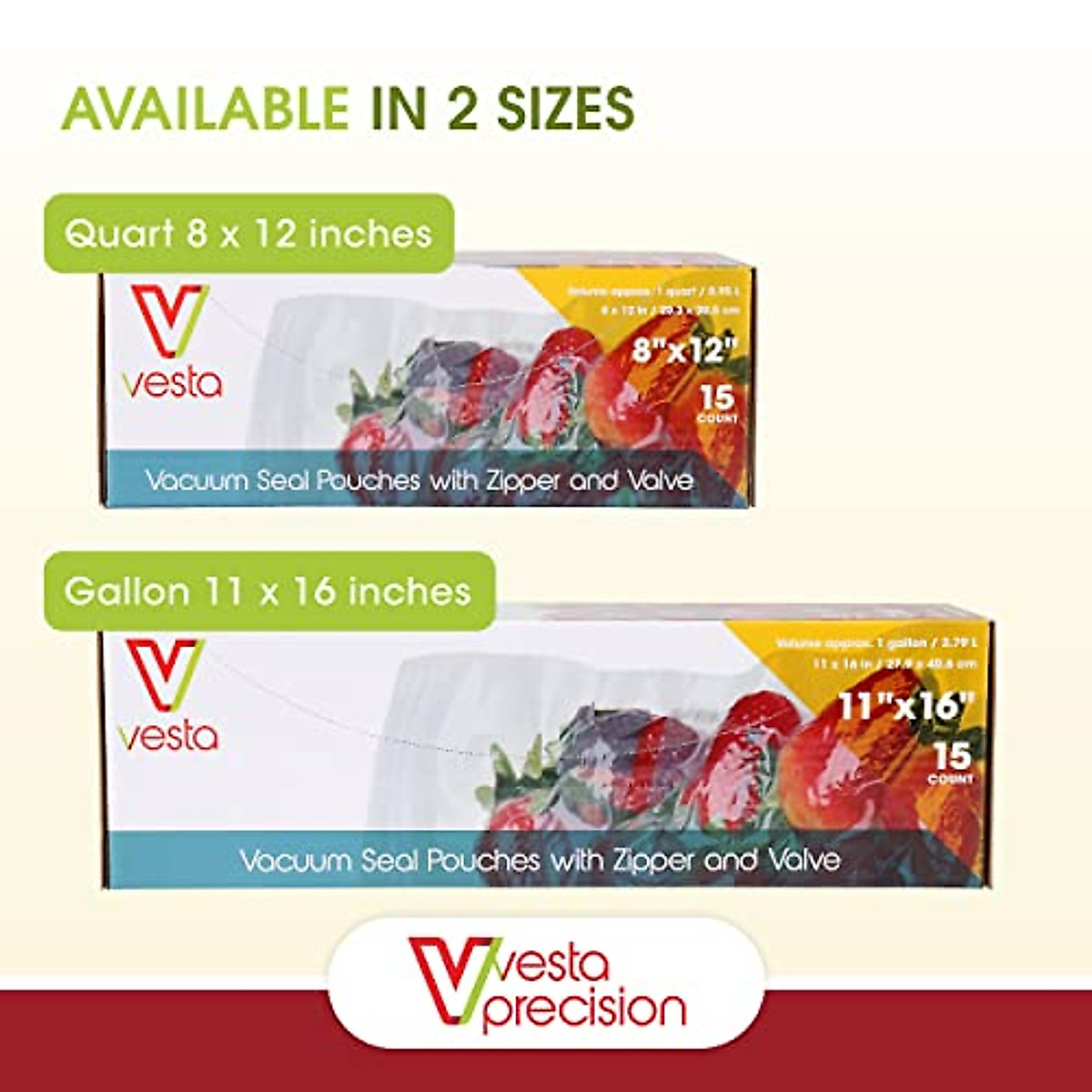 Vesta Precision Vacuum Seal Pouches - Clear and Embossed Vacuum Sealer Bags with Zipper and Valve - Great for Food Storage and Sous Vide - 8 x 12 inches - 15 Vacuum Seal Bags Per Box