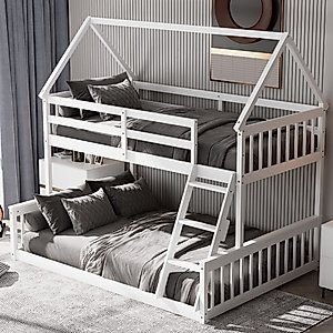 KOMFOTT Wood Twin Over Full House Bunk Bed with Built in Ladder, Solid Pine Wood Bunk Bed Frame with Safety Guardrails, House Bunk Bed Frame for Kids, Teens, Juniors, No Box Spring Needed (White)
