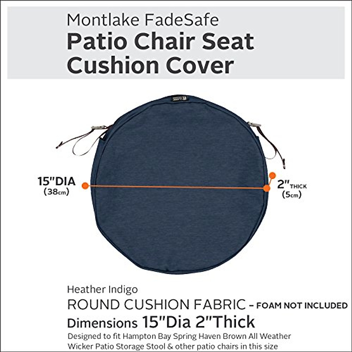 Classic Accessories Montlake FadeSafe Water-Resistant 15 x 2 Inch Round Outdoor Chair Seat Cushion Slip Cover, Patio Furniture Cushion Cover, Heather Indigo Blue, Patio Furniture Cushion Covers