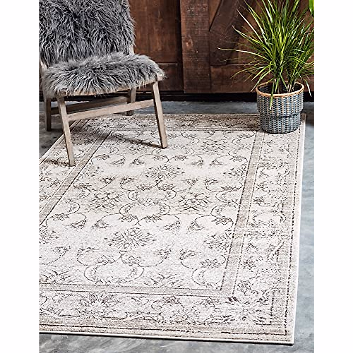 Unique Loom La Jolla Collection Botanical, Contemporary, Traditional, Rustic, Border Area Rug, 9 x 12 ft, Ivory/Brown