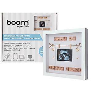 boom moments Sonogram Picture Frame | Scrabble Style Letters | Keepsake Baby Ultrasound Frame | Best Baby Announcement | Love at First Sight (10 x 10 Inches)