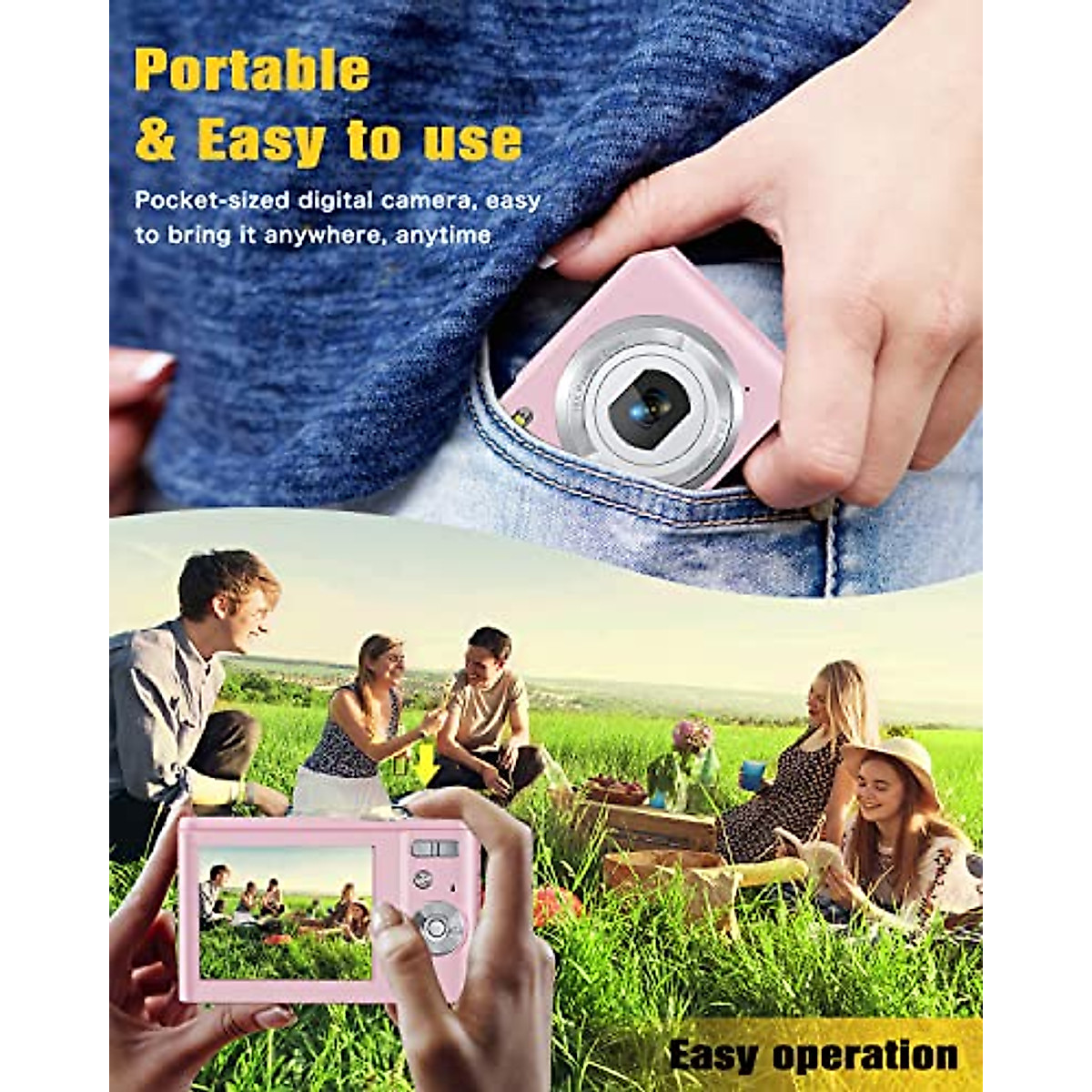 Digital Camera with 32GB SD Card, Lecran Kids Camera FHD 1080P 36.0 Mega Pixels Vlogging Camera with 16X Digital Zoom, LCD Screen, Compact Portable Mini Cameras for Kids, Teens, Students (Pink)