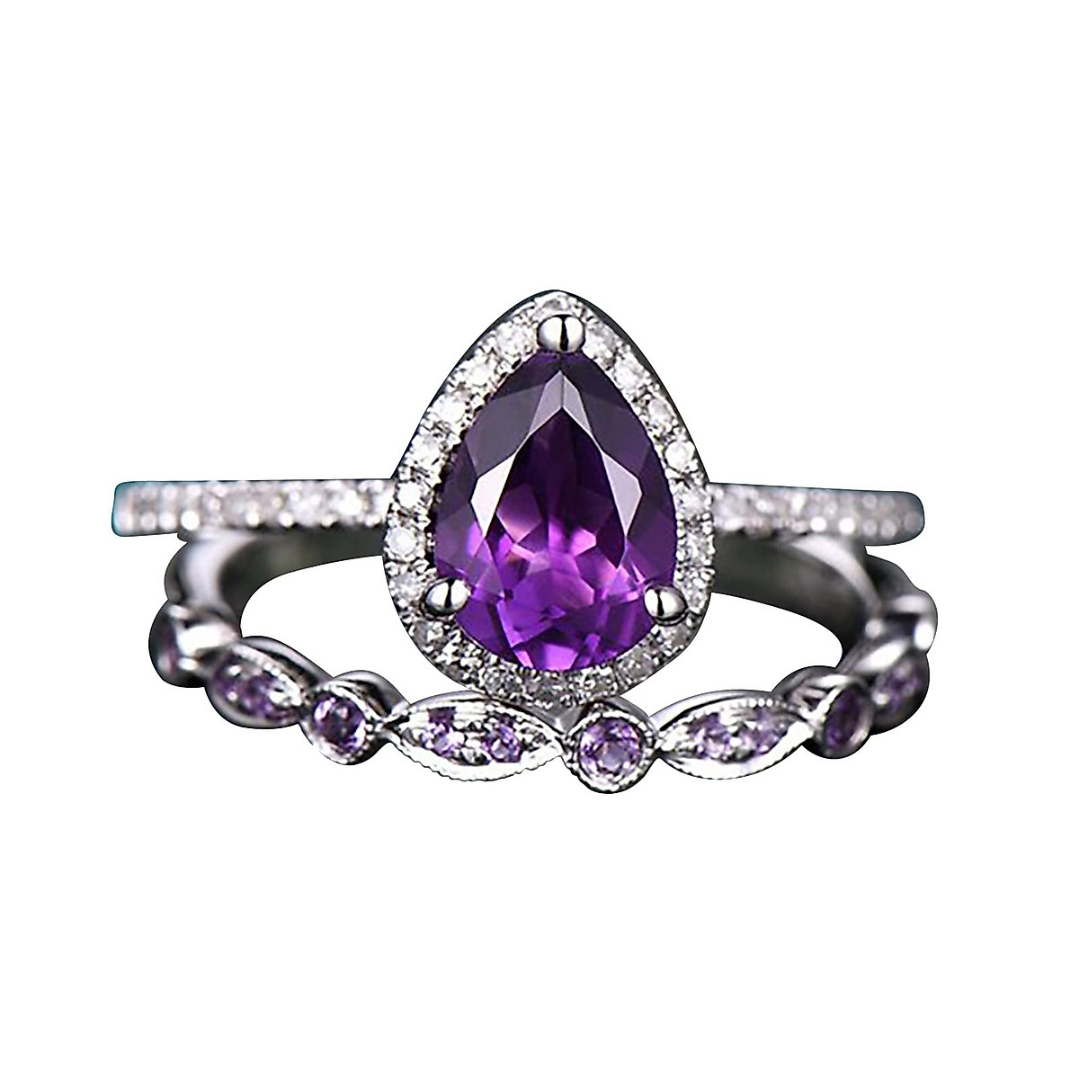 RIQINGY Shining Crystal Ring Kits Fashion Drop Shape Zirconia Rings Set Amethyst Teardrop Ring Engagement Wedding Ring Sets