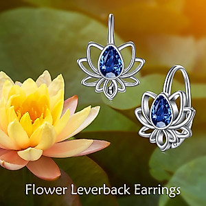 WINNICACA Lotus Leverback Earrings for Women Sterling Silver Flower Lotus Dangle Drop Earrings with Created Sapphire Lotus Jewelry Lotus Gifts for Teens Birthday Anniversary