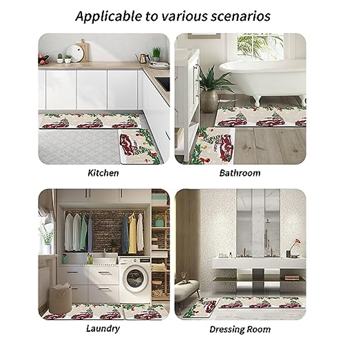 Christmas Red Truck Bath Mat for Tub,Non Slip Bathroom Floor Runner Rug Quick Dry & Absorbent Diatomaceous Earth Shower Sink Kitchen Washable Doormat,Farmhouse Pine Tree Berry Snowflake 16x24+16x47