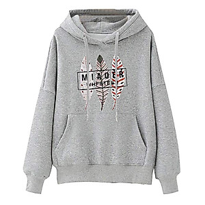 Ruhiku GW Hoodie, Womens Long Sleeve Cactus Print Hoodie Sweatshirt Hooded Pullover Tops Blouse (Gray B with Feather, XL)
