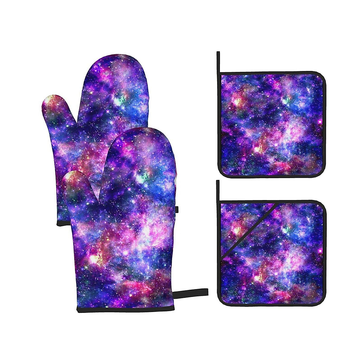 nhbfcds Galaxy Oven Mitts and Pot Holders Sets, 4 Piece Set, Heat Resistant Polyester Gloves and Pads for Kitchen Cooking Baking Grilling BBQ, One Size