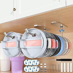 2 Pack Upgraded Tumbler Lid Organizer, 8.5" Adjustable Swivel Hook for Yeti Tumbler/Stanley Tumbler/Owala Tumbler Lid, Self-Adhesive or Drilling Tumbler Lid Hook for Kitchen Organizers and Storage