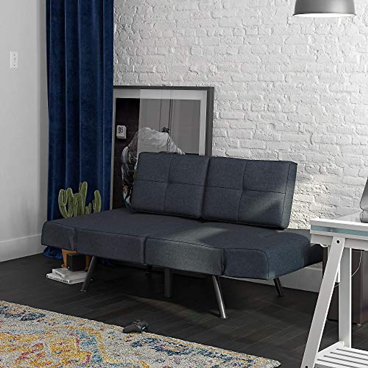 REALROOMS Euro Upholstered Tufted Loveseat Futon with Storage Pockets, Blue Linen