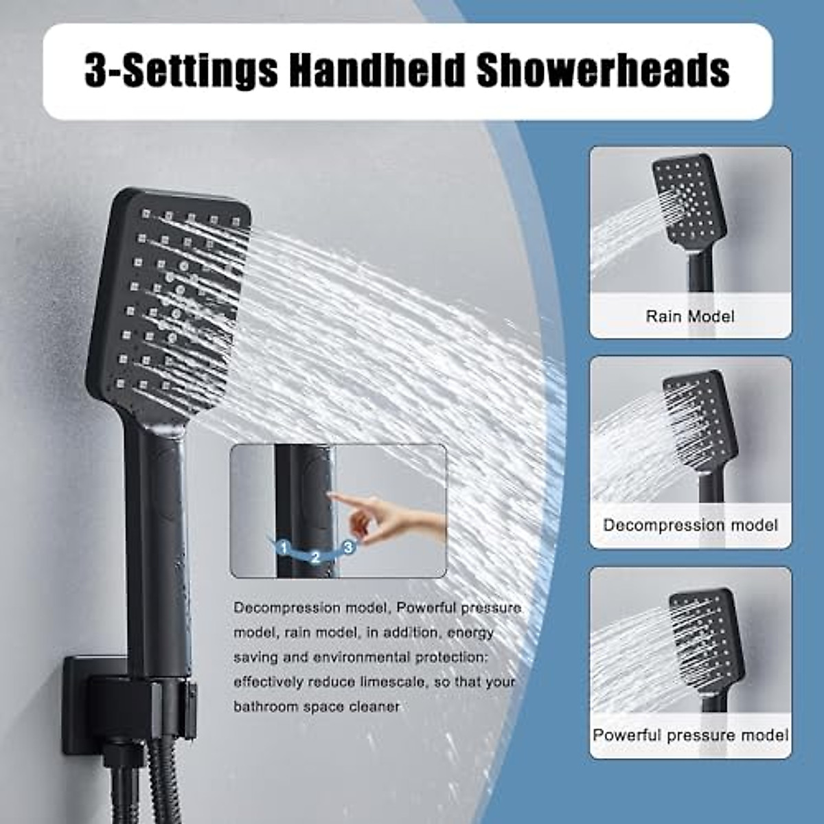Arsuonta 8 Inch Square Black Shower Faucet Set with Tub Spout, Shower Combo System with 3-settings Touch Adjustment Handheld Showerhead High Pressure Balance Shower Valve Kit for Bathroom