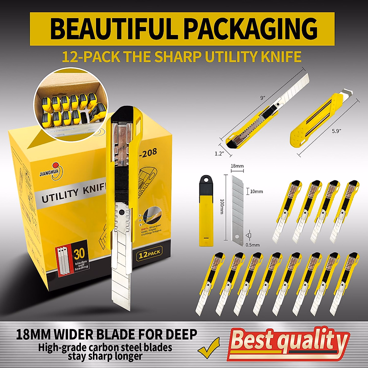 JIANGHUA 12-Pack Utility Knife, Box Cutter Retractable Razor Knife with 30PCS Extra Snap Off Blades, 18mm Wide Sharp Blade Cutter for Office, Home, Arts Crafts, Hobby