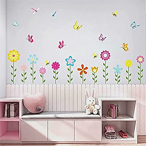 IKEYU Garden Flower Wall Decals Colorful Flower Wall Stickers Spring Garden Wall Stickers Flower Butterfly Wall Stickers for Bedroom Girls Room Kids Nursery