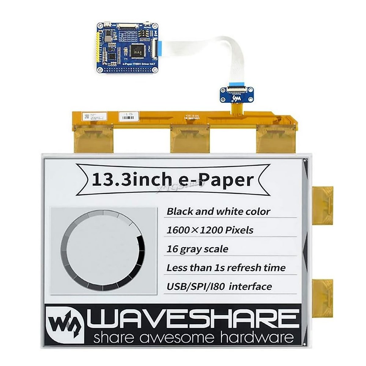 13.3inch e-Paper e-Ink Display HAT for Raspberry Pi Resolution 1600×1200 Black/White 16 Grey Scales USB/SPI / I80 Partial Refresh Support @XYGStudy