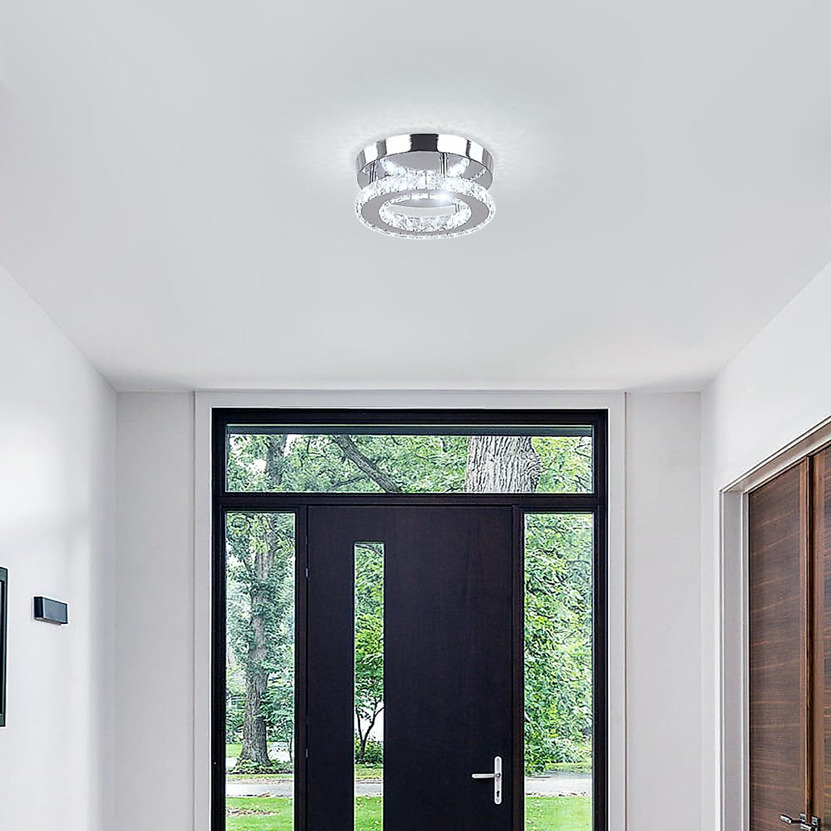 HOPGGIE Modern Crystal Chandelier LED Flush Mount Pendant Lighting Mini Ceiling Light Fixture for Bathroom Bedroom Hallway Staircase Bar Kitchen (Cold White)