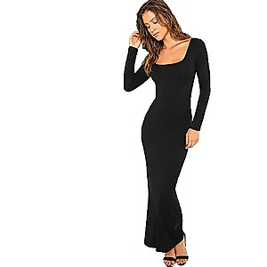 Verdusa Women's Long Sleeve Square Neck Bodycon Maxi Long Dress Black XS