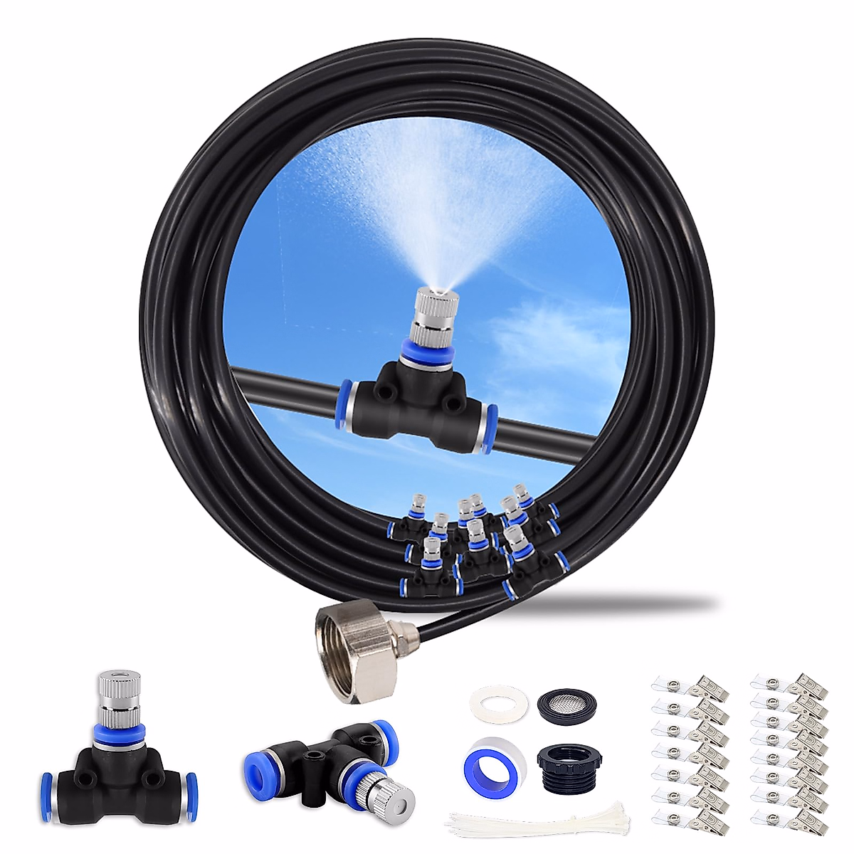 YuYo Misting Cooling System, 49FT Misting Line +16 Brass Mist Nozzles + 3/4" Brass Adapter Outdoor Mister for Patio Greenhouse Garden Gazebo Poolside Umbrella Trampoline