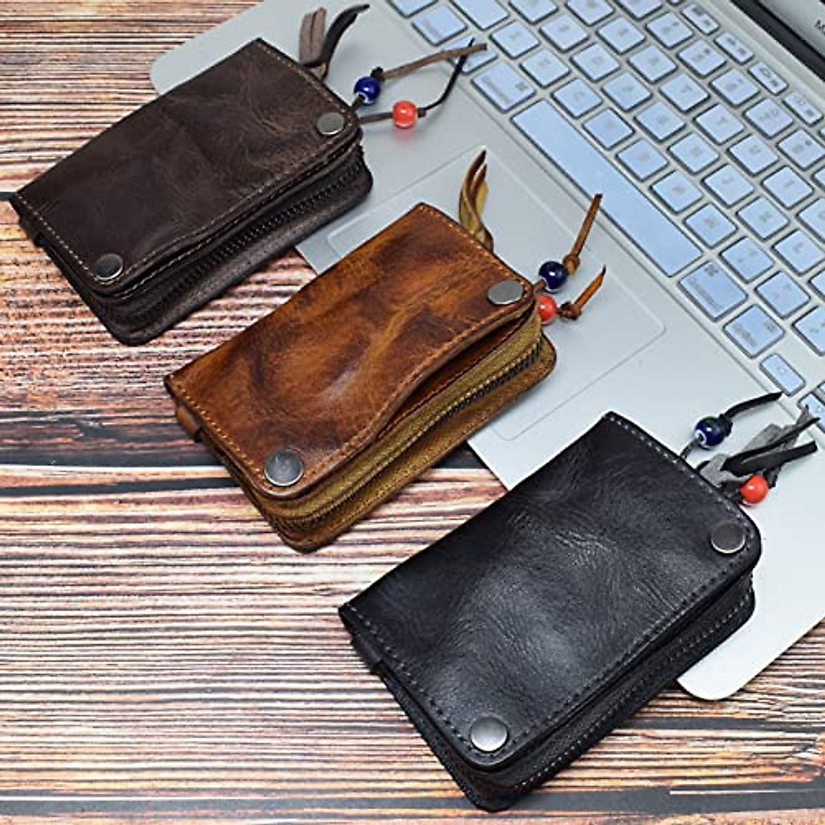 Genuine Leather Keychain Key Case,MoreChioce Card Holder Wallet Cowhide Leather Smart Keychain Protector Cover Key Organizer Card Case with 6 Hooks and Zipper,Coffee Color