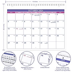 2024 Calendar - 2024 Wall Calendar, JAN. 2024 - DEC. 2024, 11" x 8.5", 12 Monthly Calendar 2024 with Twin-Wire Binding + Hanging Hook + Unuled Blocks with Julian Dates - Purple