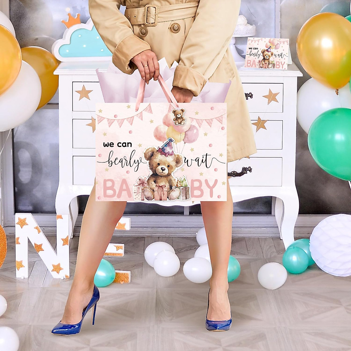 16" Large Baby Girl Gift Bag, 3D Making Pink Bear Baby Gift Bag with Handle, Tissue Paper and Greeting Card