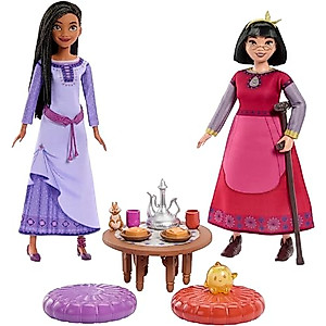Mattel Disney Wish Toys, Best Friends Tea Time Playset with Asha & Dahlia of Rosas Dolls, 2 Figures, 1 Table & 10 Accessories, Inspired by the Movie