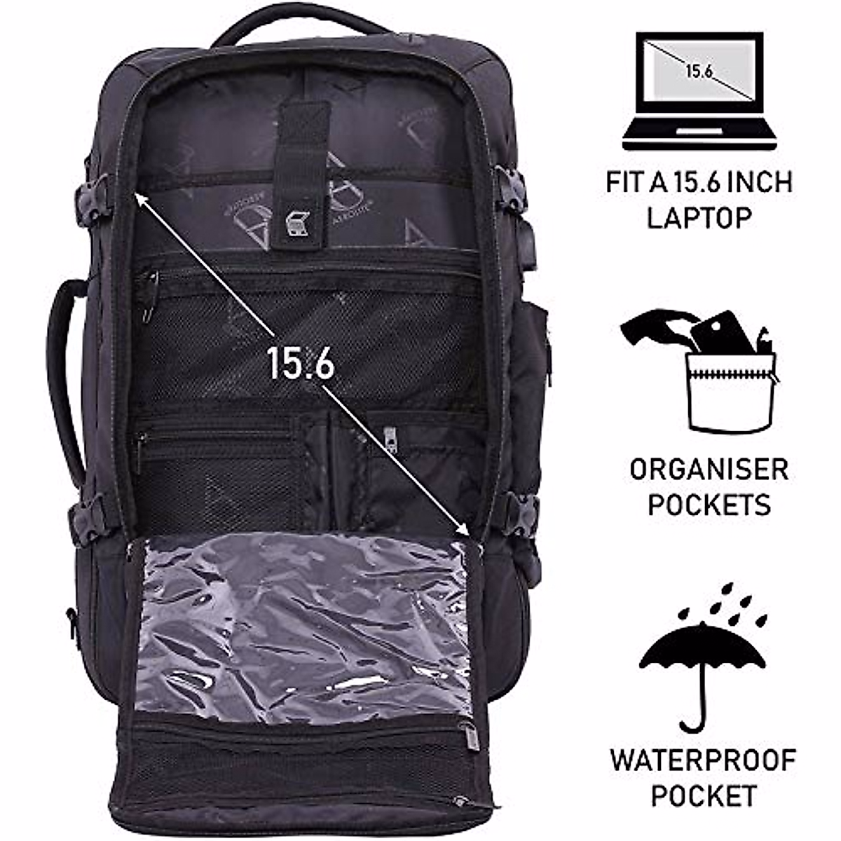 Hybrid 39L Carry On Travel Luggage/Laptop Backpack Bag Fits 15.6 Inch Laptop Notebook with USB Charging Port for School & Business Men Women, Black