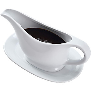 Bruntmor 20 Oz White Ceramic Gravy Boat With Tray, 20 Ounce Large Farmhause Gravy Boat With Saucer For Dinner Table Decoration