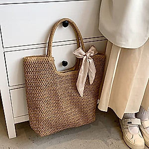 QTKJ Summer Beach bag, Handwoven Straw Bag, Soft Large Beach Tote Boho Beach Shoulder Hand Bag, Woven Bag for Women Vacation Travel, Daily(Khaki)