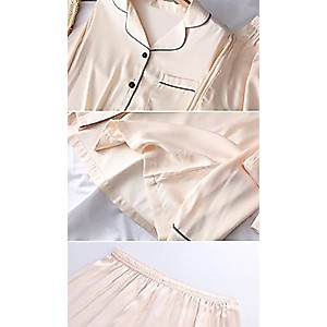 Fivali Womens Silk Satin Pajamas Long Sleeve Pj Set Two-piece Sleepwear Silky Button-down Nightwear Soft Loungewear Sets, L Champagne