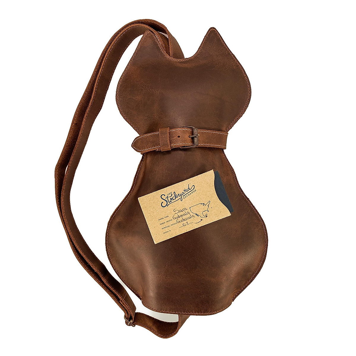 Hide & Play, Kitty Shape Backpack Handmade from Full Grain Leather - Pet Lover Accessory, Great for Travel & Everyday Use - Bourbon Brown