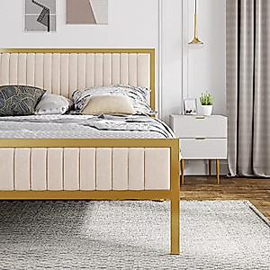 Queen Platform Bed Frame, Velvet Upholstered Bed Frame Queen Size, Golden Metal Bed Frame with Headboard and Footboard, Wooden Slat Support/Mattress Foundation/No Box Spring Needed, Golden/Beige