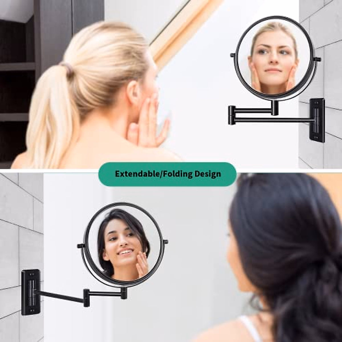 yinjupu Wall Mounted Makeup Mirror - 8-inch Double-Sided Magnifying Mirror with 360-Degree Rotation and Telescopic Lighting for Home Bathroom Shaving Vanity (Black)