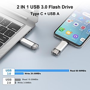 RAOYI 128GB USB C Flash Drive, 2 in 1 USB 3.0 Type C Dual OTG Metal Thumb Drive Jump Drive Memory Stick with Keychain Suitable for USB-C Smartphones, MacBook, Computers and Tablets (Silver)