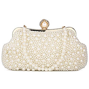 UBORSE Women Pearl Clutch Bead Rhinestone Evening Clutch Bag with removable Pearl Chain Ivory White