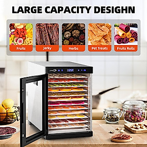 Food Dehydrator with 12 Stainless Steel Trays, Double Fans, Precise Temperature Control, and Fast Drying Speed with Adjustable Timer and Temperature Control - 1200W Dryer Machine