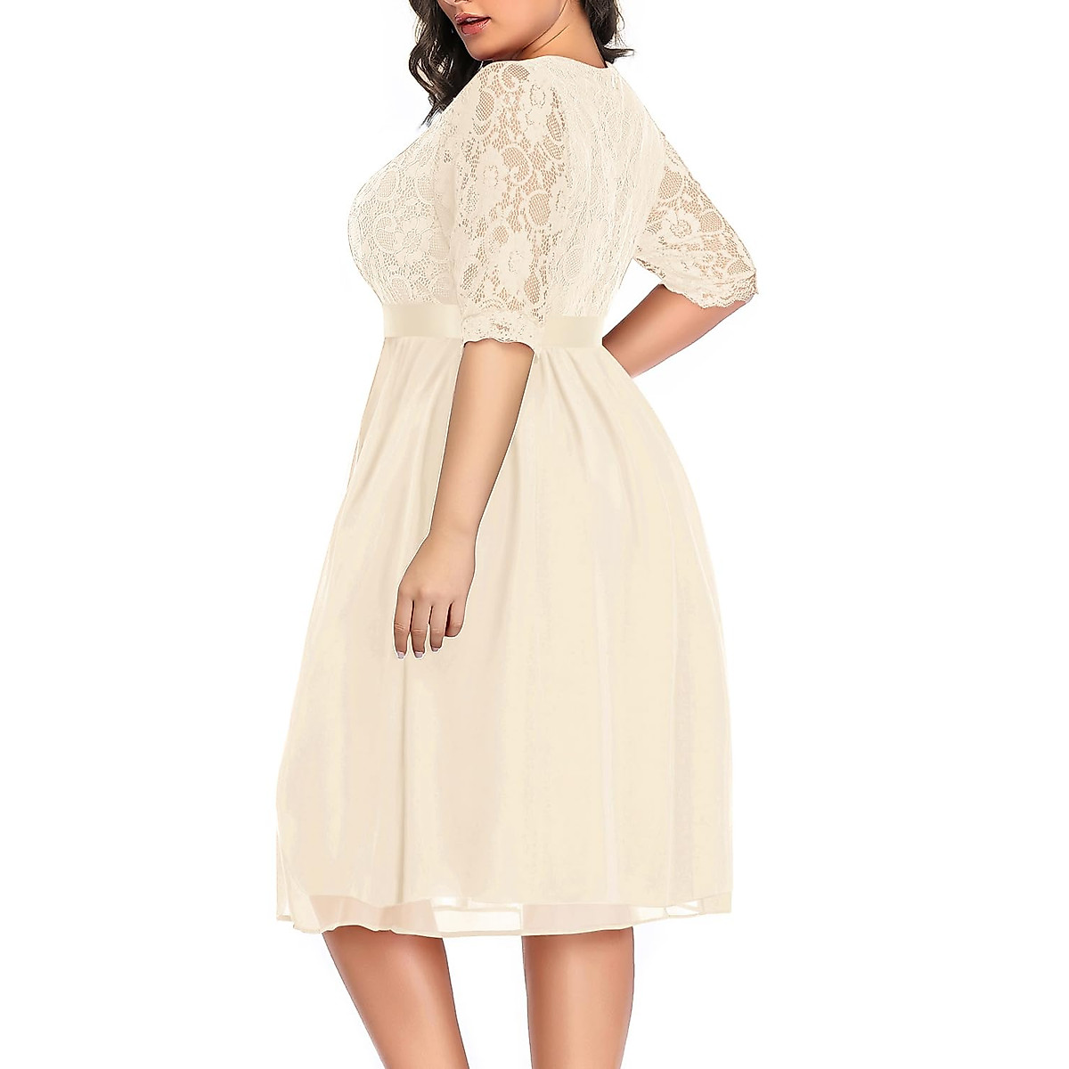 Pinup Fashion Champagne Dress Women Plus Size Bridesmaid Wedding Guest Short Homecoming Prom Formal Cocktail Lace Chiffon Midi Dress