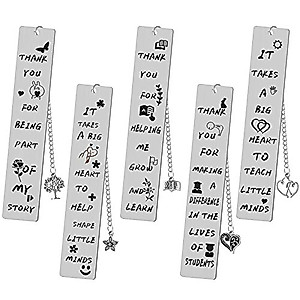 5 Pieces Teacher Appreciation Gifts Metal Thank You Teacher Bookmarks with Pendants Retirement Class of 2022 Graduation End of Year Christmas Valentines Presents for Women Men (Silver)