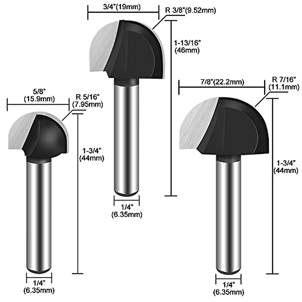 ASNOMY 6pcs Core Box Router Bit 1/4 Inch Shank Round Nose Cove Box Router Bits-1/4" 5/16" 1/2" 5/8" 3/4" 7/8" Cutting Diameter Solid Carbide Core Box Round Nose Router Bits