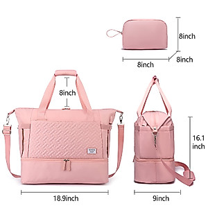 Travel Bags for Women, Weekender Bag with Shoe Compartment, Gym Tote Bags with USB Charging Port,Overnight Duffle Bag with Trolley Sleeve, Pink