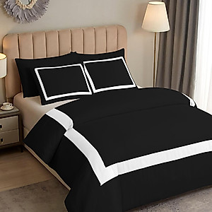 High Kotton 5 Piece Luxury Full Black and White Border Line Pattern Duvet Cover Zipper Closer & Corner Ties 1000 TC, 100% Egyptian Cotton - (Super King-Size)