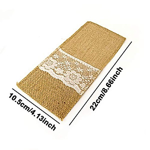 Honbay 12PCS Burlap Lace Knifes Forks Napkin Silverware Bags Utensil Cutlery Holders for Party Wedding (8 x 4 Inch)