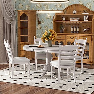 P PURLOVE 5 Piece Round Dining Table Set, Functional Furniture Retro Style, Round Table with a 16" W Leaf and 4 Upholstered Chairs, Dining Set for Dining Room and Living Room (Walnut)