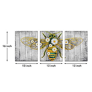 Bee Canvas Wall Art Yellow and Green Animal Insect Painting Honeybee Wall Decor for Living Room Kitchen Wall Decoration Framed and Stretched Easy to Hang Size 12"x16"x3