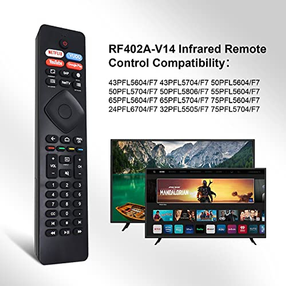 New RF402A-V14 Universal TV Remote Replacement for Philips Smart Android TV 43PFL5604/F7 43PFL5704/F7 50PFL5604/F7 50PFL5704/F7 55PFL5604/F7 75PFL5704/F7 (No Voice)