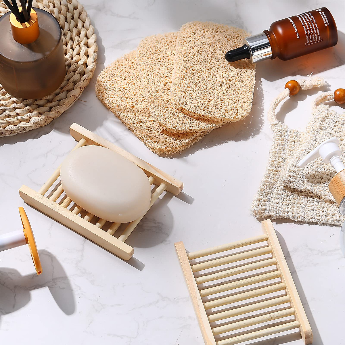 60 Pcs Soap Accessories Set Including 20 Pcs Wood Soap Holder Soap Dishes for Bar Soap Tray, 20 Pcs Soap Saver Bag Exfoliating Soap Pouch, 20 Pcs Self Draining Soap Saver Pads for Bathroom Men Bath