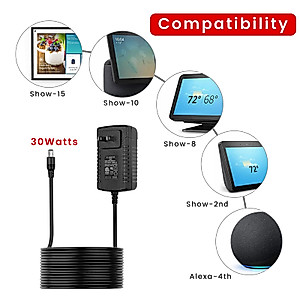 30W Power Adapter Cord Replacement for Echo Show 21, Show 15 2nd, Echo Show 10, Echo Show 8, Echo (4th Gen.), Echo (3rd Gen.) - Wall Charger Plug Long Cable 5ft, Black