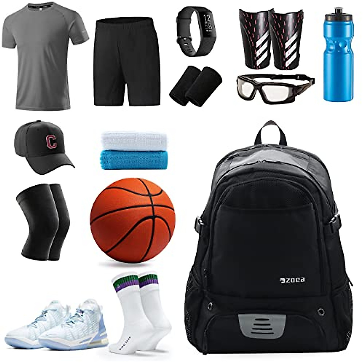 ZOEA Large Basketball Bag - Backpack for Basketball, Soccer & Volleyball Football Gym Includes Shoe & Ball & Laptop Compartment (Black)